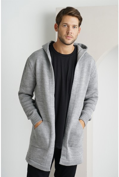 Tarz Cool Erkek Gri Kapüşonlu Cepli Panço Triko HIRKA-HRK8085R24S