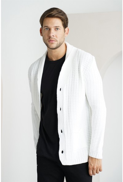 Tarz Cool Erkek Beyaz Şal Yaka Cepli Triko HIRKA-HRK8083R01S Tarz Cool Erkek Beyaz Şal Yaka Cepli Triko HIRKA-HRK8083R01S