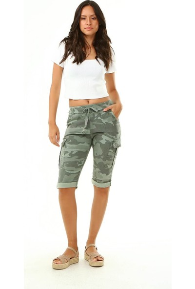 Luisido Kadın Italyan Haki Kargo Cepli Skinny Bermuda Şort Luisido Kadın Italyan Haki Kargo Cepli Skinny Bermuda Şort