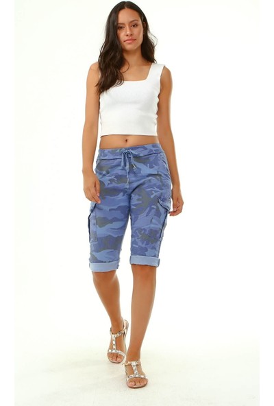 Luisido Kadın Italyan Mavi Kargo Cepli Skinny Bermuda Şort