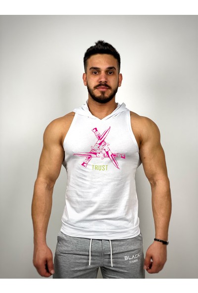 Beyaz Erkek Regular Fit - Pink Trust Sword- Baskılı Kapüşonlu Kolsuz Sporcu Hoodie Beyaz Erkek Regular Fit - Pink Trust Sword- Baskılı Kapüşonlu Kolsuz Sporcu Hoodie