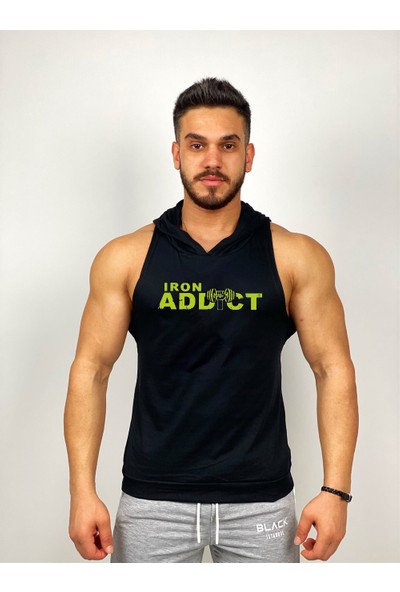 Siyah Erkek Regular Fit -Iron Addict- Baskılı Kapüşonlu Kolsuz Sporcu Hoodie Siyah Erkek Regular Fit -Iron Addict- Baskılı Kapüşonlu Kolsuz Sporcu Hoodie