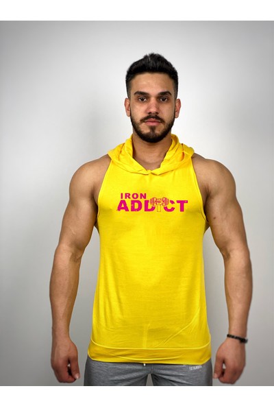 Sarı Erkek Regular Fit -Pink Iron Addict- Baskılı Kapüşonlu Kolsuz Sporcu Hoodie Sarı Erkek Regular Fit -Pink Iron Addict- Baskılı Kapüşonlu Kolsuz Sporcu Hoodie