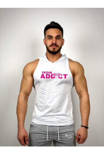 Beyaz Erkek Regular Fit -Pink Iron Addict- Baskılı Kapüşonlu Kolsuz Sporcu Hoodie Beyaz Erkek Regular Fit -Pink Iron Addict- Baskılı Kapüşonlu Kolsuz Sporcu Hoodie