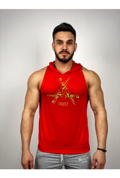 Kırmızı Erkek Regular Fit -Trust Sword- Baskılı Kapüşonlu Kolsuz Sporcu Hoodie Kırmızı Erkek Regular Fit -Trust Sword- Baskılı Kapüşonlu Kolsuz Sporcu Hoodie