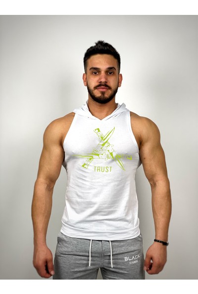 Beyaz Erkek Regular Fit -Trust Sword- Baskılı Kapüşonlu Kolsuz Sporcu Hoodie Beyaz Erkek Regular Fit -Trust Sword- Baskılı Kapüşonlu Kolsuz Sporcu Hoodie