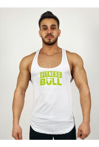 Beyaz Erkek Regular Fit -Fitness Bull- Baskılı Sporcu Atlet