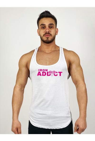 Beyaz Erkek Regular Fit -Pink Iron Addict- Baskılı Sporcu Atlet Beyaz Erkek Regular Fit -Pink Iron Addict- Baskılı Sporcu Atlet