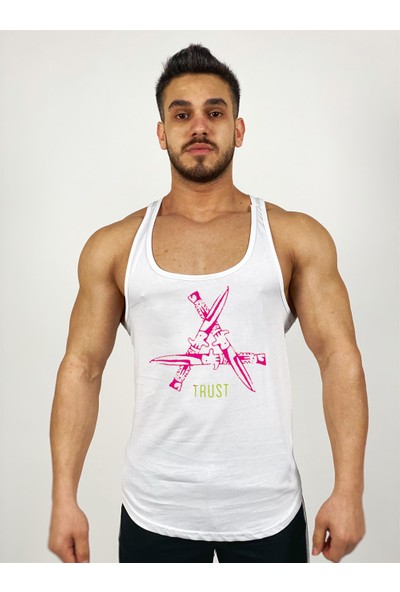 Beyaz Erkek Regular Fit -Pink Trust Sword- Baskılı Sporcu Atlet Beyaz Erkek Regular Fit -Pink Trust Sword- Baskılı Sporcu Atlet
