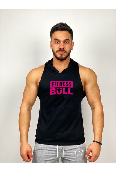 Siyah Erkek Regular Fit -Pink Fitness Bull- Baskılı Kapüşonlu Kolsuz Sporcu Hoodie Siyah Erkek Regular Fit -Pink Fitness Bull- Baskılı Kapüşonlu Kolsuz Sporcu Hoodie