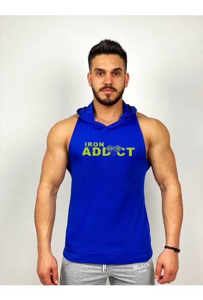 Mavi Erkek Regular Fit -Iron Addict- Baskılı Kapüşonlu Kolsuz Sporcu Hoodie Mavi Erkek Regular Fit -Iron Addict- Baskılı Kapüşonlu Kolsuz Sporcu Hoodie