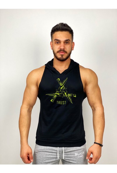 Siyah Erkek Regular Fit -Trust Sword- Baskılı Kapüşonlu Kolsuz Sporcu Hoodie Siyah Erkek Regular Fit -Trust Sword- Baskılı Kapüşonlu Kolsuz Sporcu Hoodie