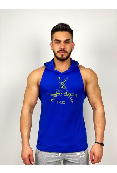 Mavi Erkek Regular Fit -Trust Sword- Baskılı Kapüşonlu Kolsuz Sporcu Hoodie Mavi Erkek Regular Fit -Trust Sword- Baskılı Kapüşonlu Kolsuz Sporcu Hoodie