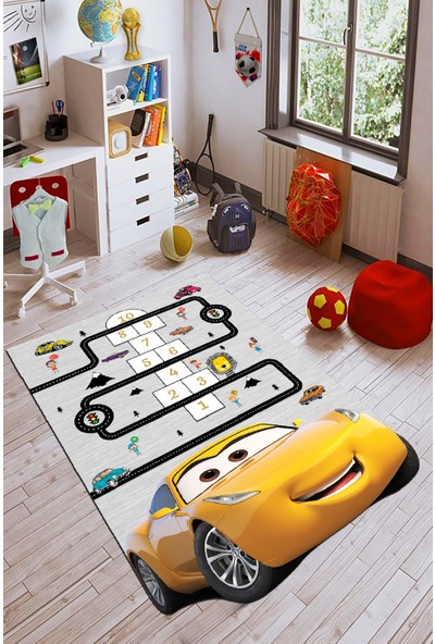 Sistem Ev Dekorasyon Seksek ve Sarı Araba Çocuk Odası Halısı Kaymaz Taban Yıkanabilir