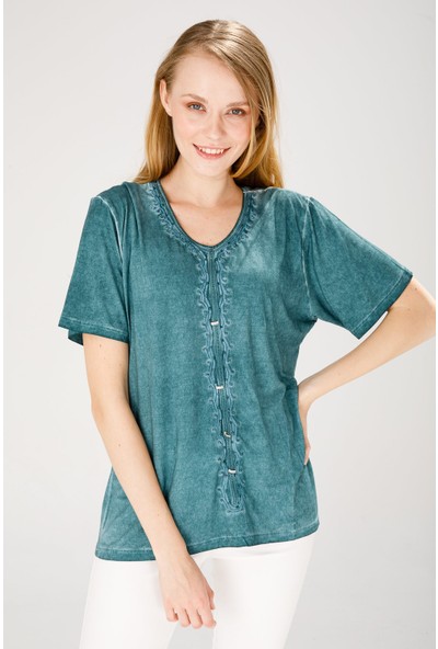 Desen Triko Kadın V Yaka Kısa Kol Nakışlı Penye Bluz Yeşil