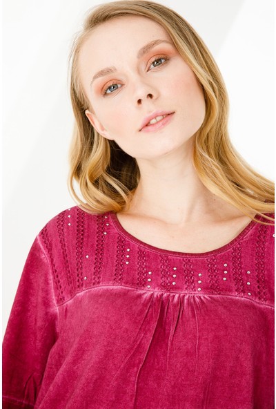 Desen Triko Kadın Sıfır Yaka Kısa Kol Jakar Kumaşlı Penye Bluz Vişne