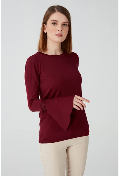 Desen Triko Kadın Bezay Kolu Volanlı Bluz Bordo Desen Triko Kadın Bezay Kolu Volanlı Bluz Bordo