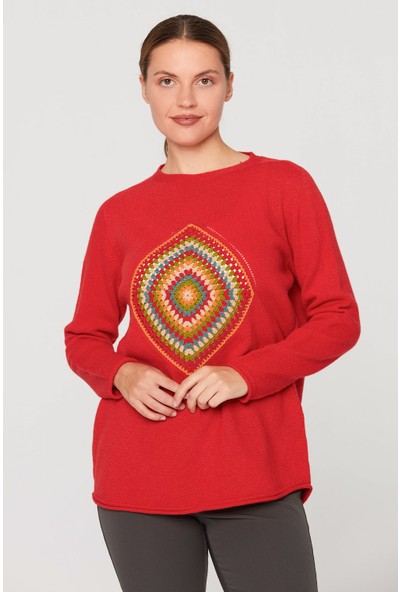 Desen Triko Kadın Önü Kare Tığlamalı Yün Kazak Mercan