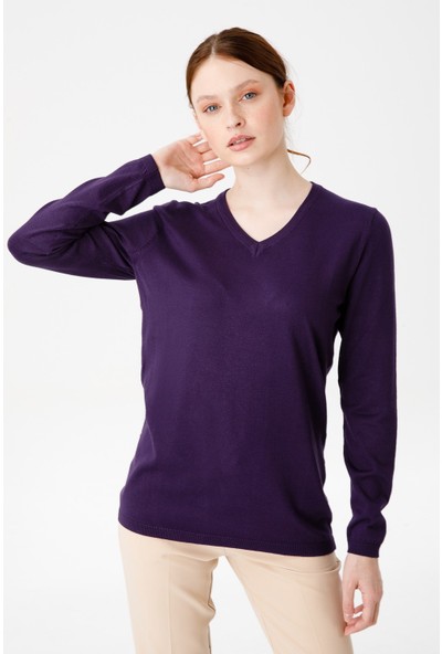 Desen Triko Kadın Likralı Uzun Kol Basic V Yaka Bluz K.mor
