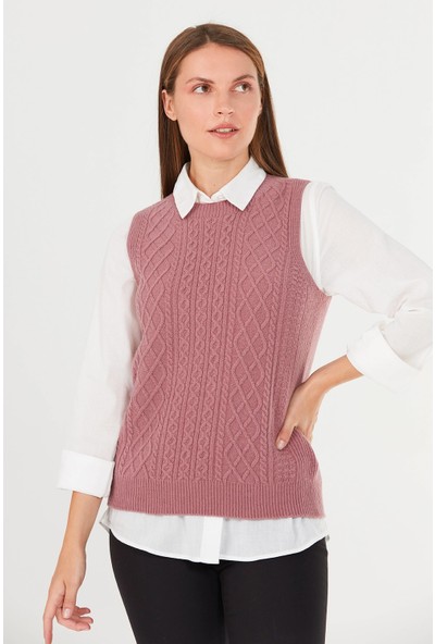 Desen Triko Kadın Sıfır Yaka Saç Örgü Triko Süveter Gül Kurusu