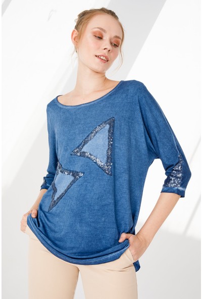 Desen Triko Kadın Sıfır Yaka Yarasa Kol Pul Paletli Penye Tunik Lacivert Desen Triko Kadın Sıfır Yaka Yarasa Kol Pul Paletli Penye Tunik Lacivert