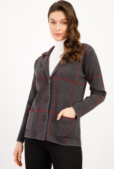 Desen Triko Kadın Erkek Yaka Ekoseli Triko Ceket Gri