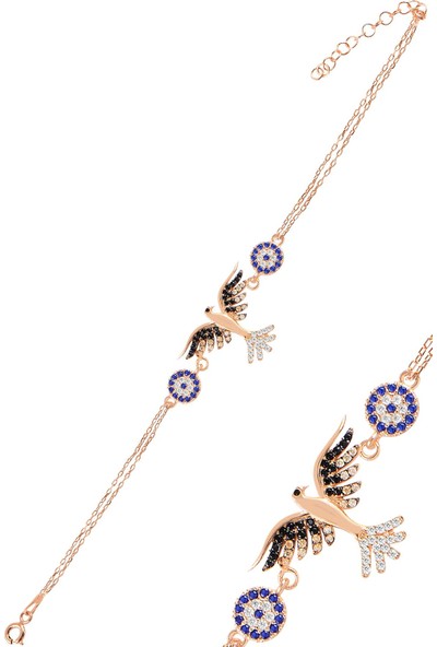 Osmanlı Gümüş Rose Nazarlıklı Zümrüdü Anka Kuşu Model Gümüş Kadın Bileklik