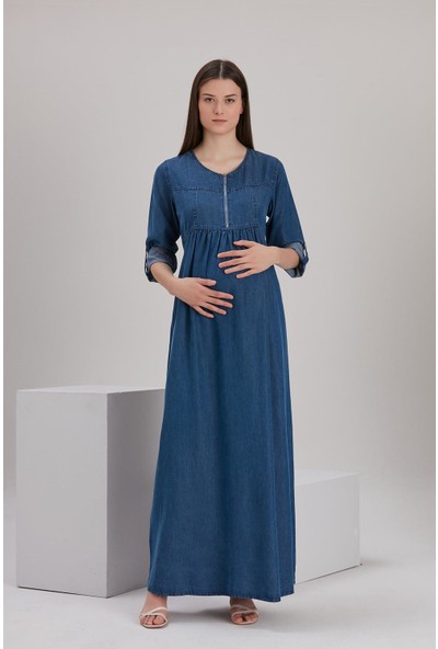 Işşıl 8446-EMZIRME Detay Fermuar Yaka Maxi Hamile Elbise