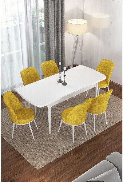 Canisa Concept Via Açılabilir Mutfak Masası Takımı- Beyaz Açılabilir Masa +6 Hardal Sandalye