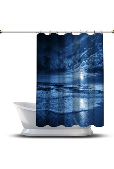 Assoshome Banyo Duş Perdesi Tasarım Dekor Gökyüzü Sahil Gece Mavi Okyanus Dijital Baskılı En 175 cm