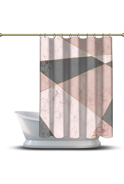 Assoshome Banyo Duş Perdesi Tasarım Dekor Pembe Gri Bej Mermer Çiçek Efekt Dijital Baskılı En 175 cm
