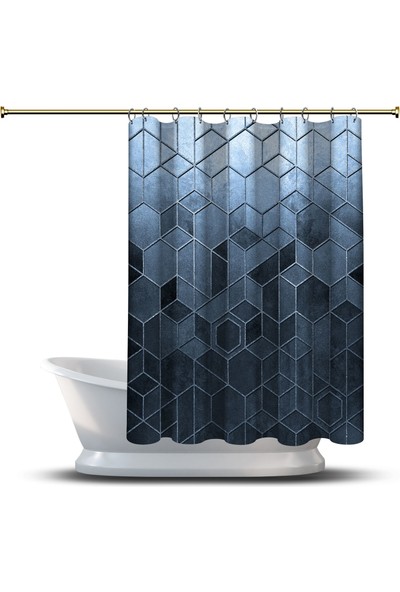 Assoshome Banyo Duş Perdesi Tasarım Dekor Mavi Kabartmalı Altıgen Geometrik Dijital Baskılı En 175 cm