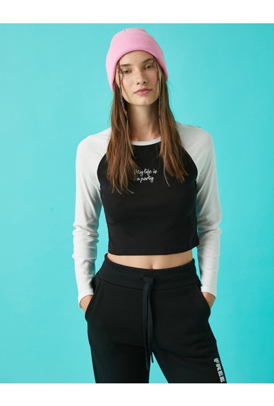 Koton Slogan Işlemeli Tişört Uzun Kollu Pamuklu