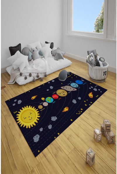 Hazar Halı Dijital Baskılı Güneş Sistemi Uzay Desenli Çocuk Halısı