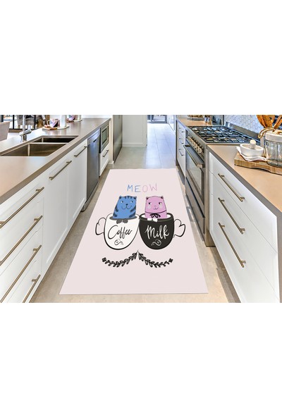 Hazar Halı Fincan Kediler Desenli Mutfak Halısı