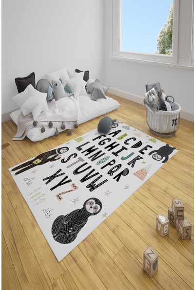 Hazar Halı Dijital Baskılı Beyaz Zemin Siyah Yazılı Alfabe Çocuk Halısı