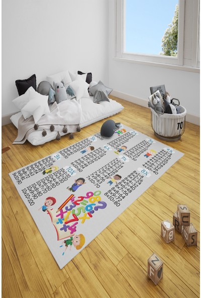 Hazar Halı Dijital Baskılı Gri Zemin Çarpım Tablosu Desenli Çocuk Halısı