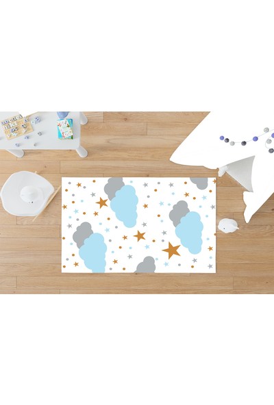Hazar Halı Dijital Baskılı Gri Mavi Bulutlar Desenli Çocuk Halısı