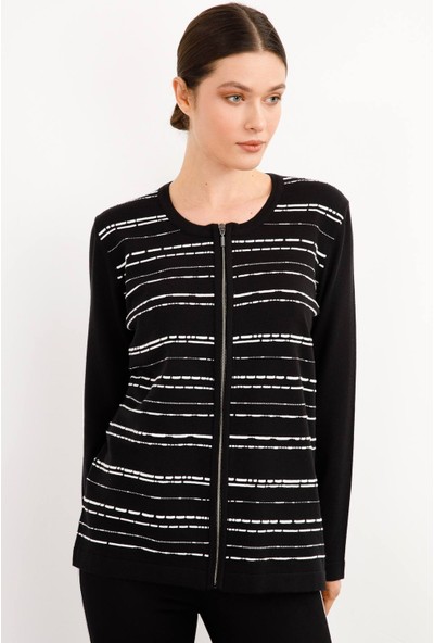 Desen Triko Kadın Olips Fermuarlı Ceket Siyah