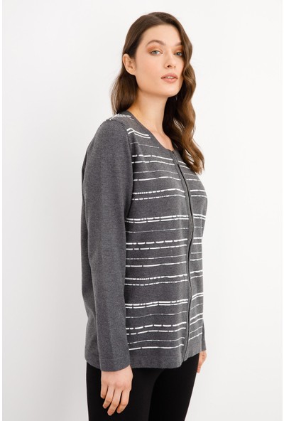 Desen Triko Kadın Olips Fermuarlı Ceket Melanj