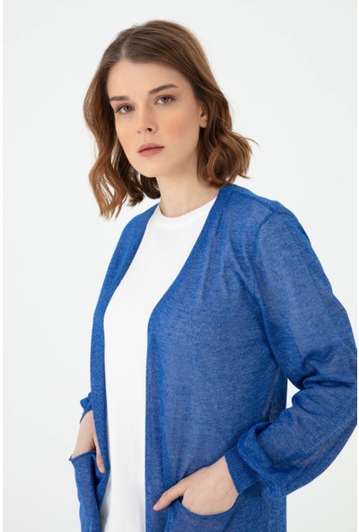 Desen Triko Kadın Düz Örgü Uzun Hırka Saks Desen Triko Kadın Düz Örgü Uzun Hırka Saks