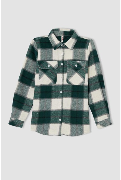 DeFacto Kız Çocuk Relax Fit Kareli Uzun Kollu Flanel Oduncu Gömlek V7552A621AU