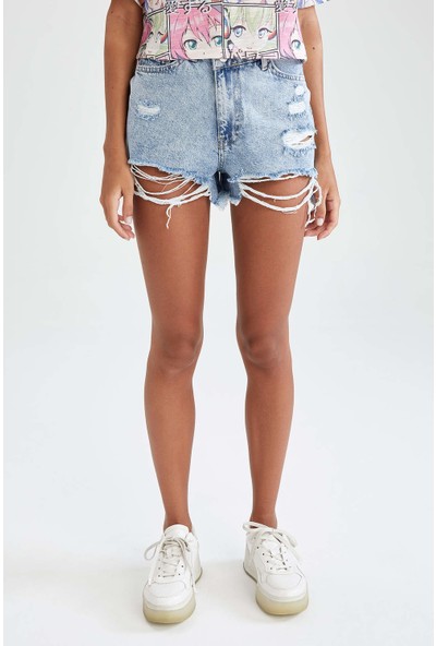 DeFacto Yüksek Bel Yırtık Detaylı Jean Mini Şort V7820AZ21HS