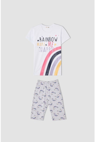 Defacto Kız Çocuk Gökkuşağı Baskılı Kısa Kollu Kapri Pijama Takımı W1444A621AU Defacto Kız Çocuk Gökkuşağı Baskılı Kısa Kollu Kapri Pijama Takımı W1444A621AU