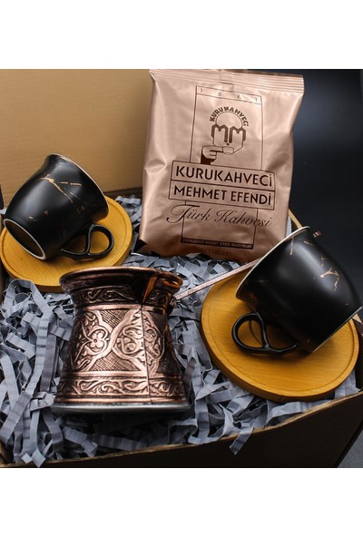 VegaGiftShop Bambulu Mermer Desenli Fincan Takımı, Eskitme Bakır Cezve ve Mehmet Efendi Türk Kahvesi Hediye Seti VegaGiftShop Bambulu Mermer Desenli Fincan Takımı, Eskitme Bakır Cezve ve Mehmet Efendi Türk Kahvesi Hediye Seti