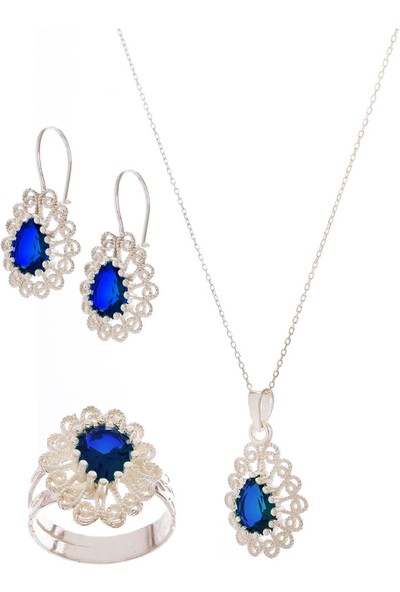 Çağrı Gümüş Gümüş Telkari Mavi Safir Taşlı Üçlü Set Takı