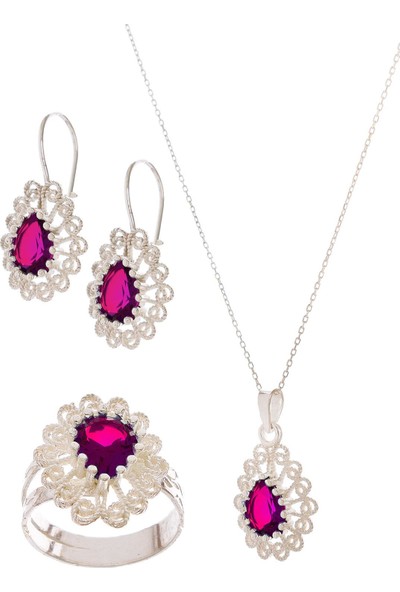 Çağrı Gümüş Gümüş Telkari Mor Ametist Taşlı Üçlü Set Takı