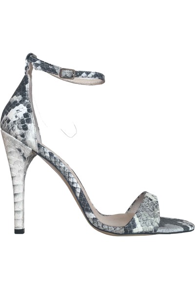 Edza Tyra Gri Yilan Baskili Tek Bant Bilekten Bağlı Yüksek Topuklu Deri Sandalet - Büyük Numaralı