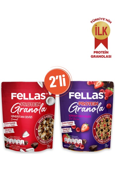 Fellas Granola 2'li - Protein Bar Parçacıklı - Hindistan Cevizli 270 gr + Kırmızı Meyveli 270 gr