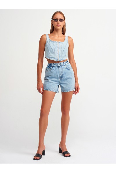Dilvin 4461 Beli Lastikli Kar Yıkama Şort-Mavi Dilvin 4461 Beli Lastikli Kar Yıkama Şort-Mavi